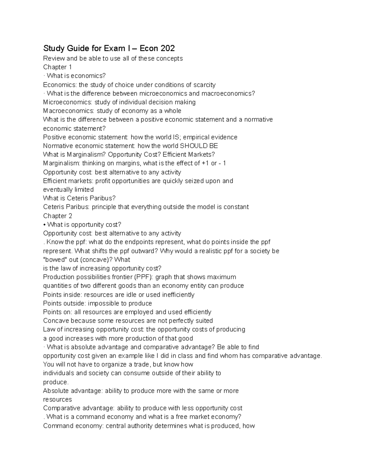 Study Guide for Exam I – Econ 202 - Study Guide for Exam I – Econ 202 Review and be able to use ...