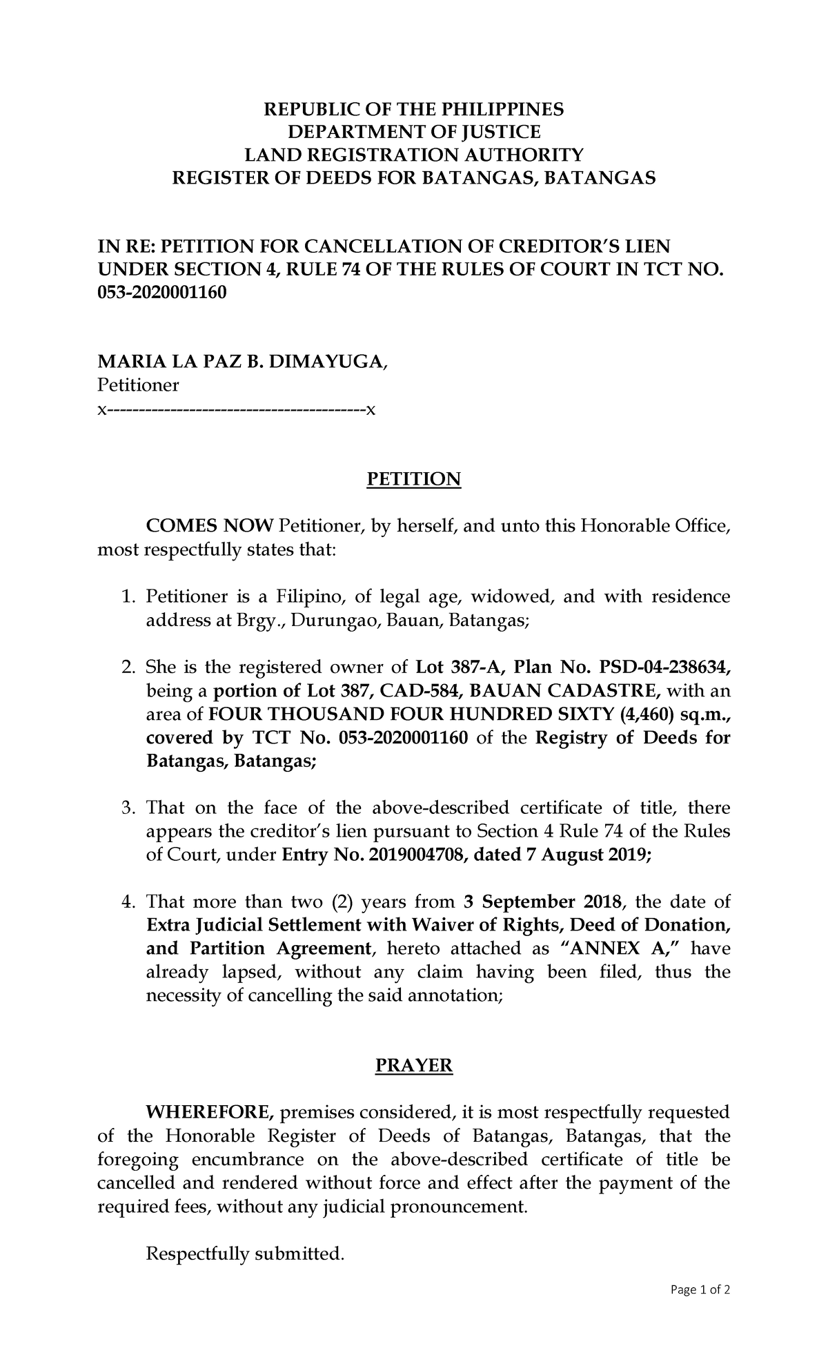 RULE 74 Petition - SAMPLE TEMPLATE ONLY - Page 1 of 2 REPUBLIC OF THE ...