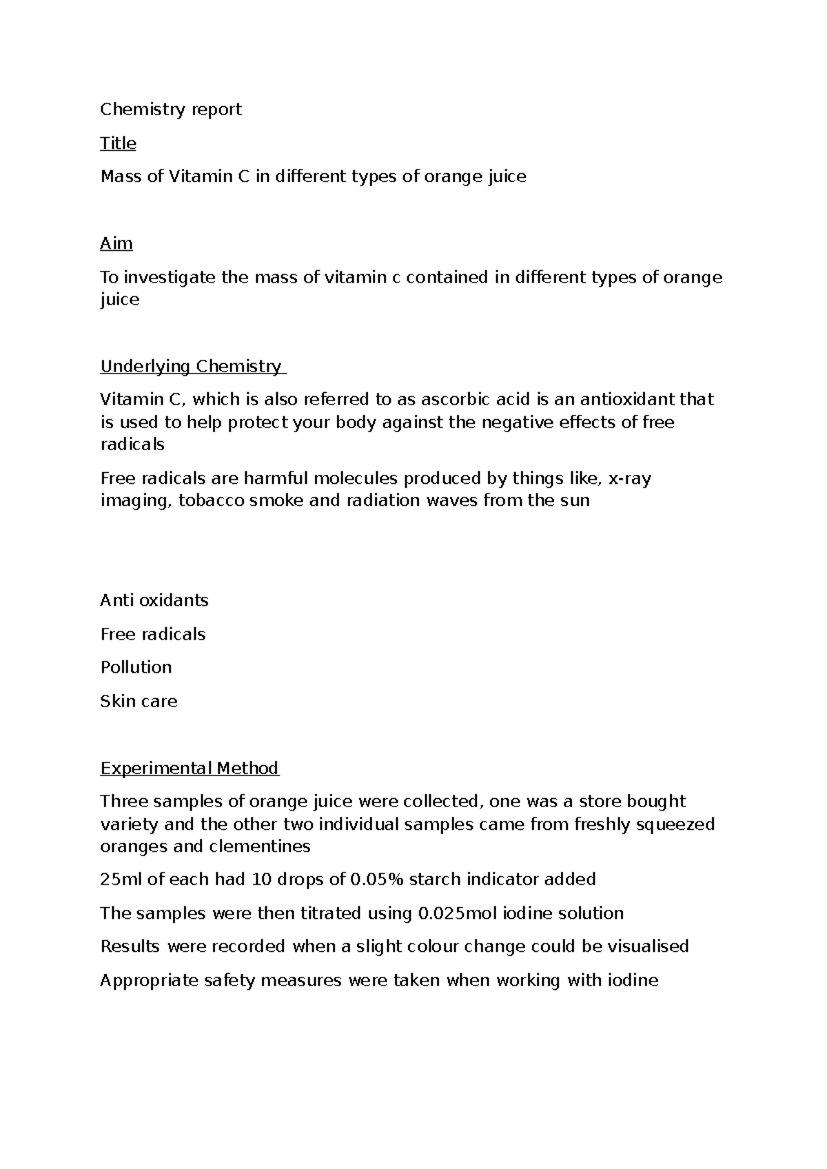 Document - Chemistry report Title Mass of Vitamin C in different types ...
