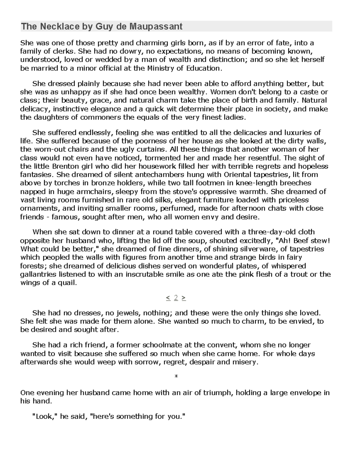 Critique Paper/Review - The Necklace by Guy de Maupassant She was one ...