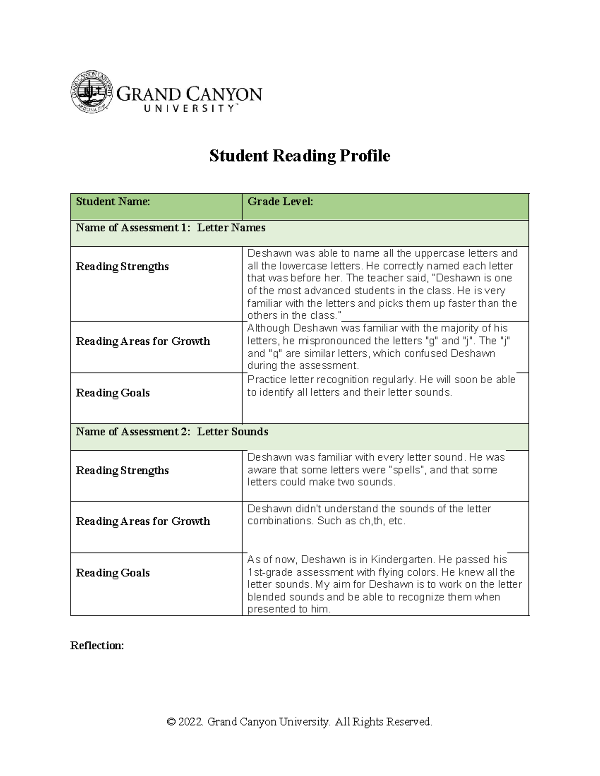 Student Reading Profile - Student Reading Profile Student Name: Grade ...