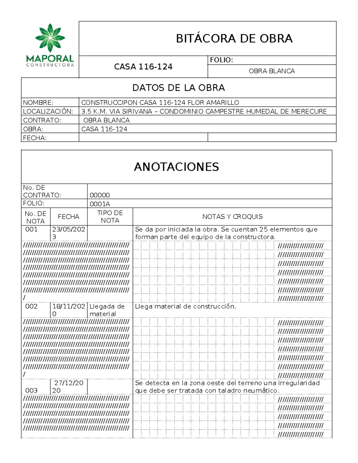 Bitácora de obra hhhhhhhhhhhhhhhhhh - BITÁCORA DE OBRA CASA 116- FOLIO: ####### OBRA BLANCA ...