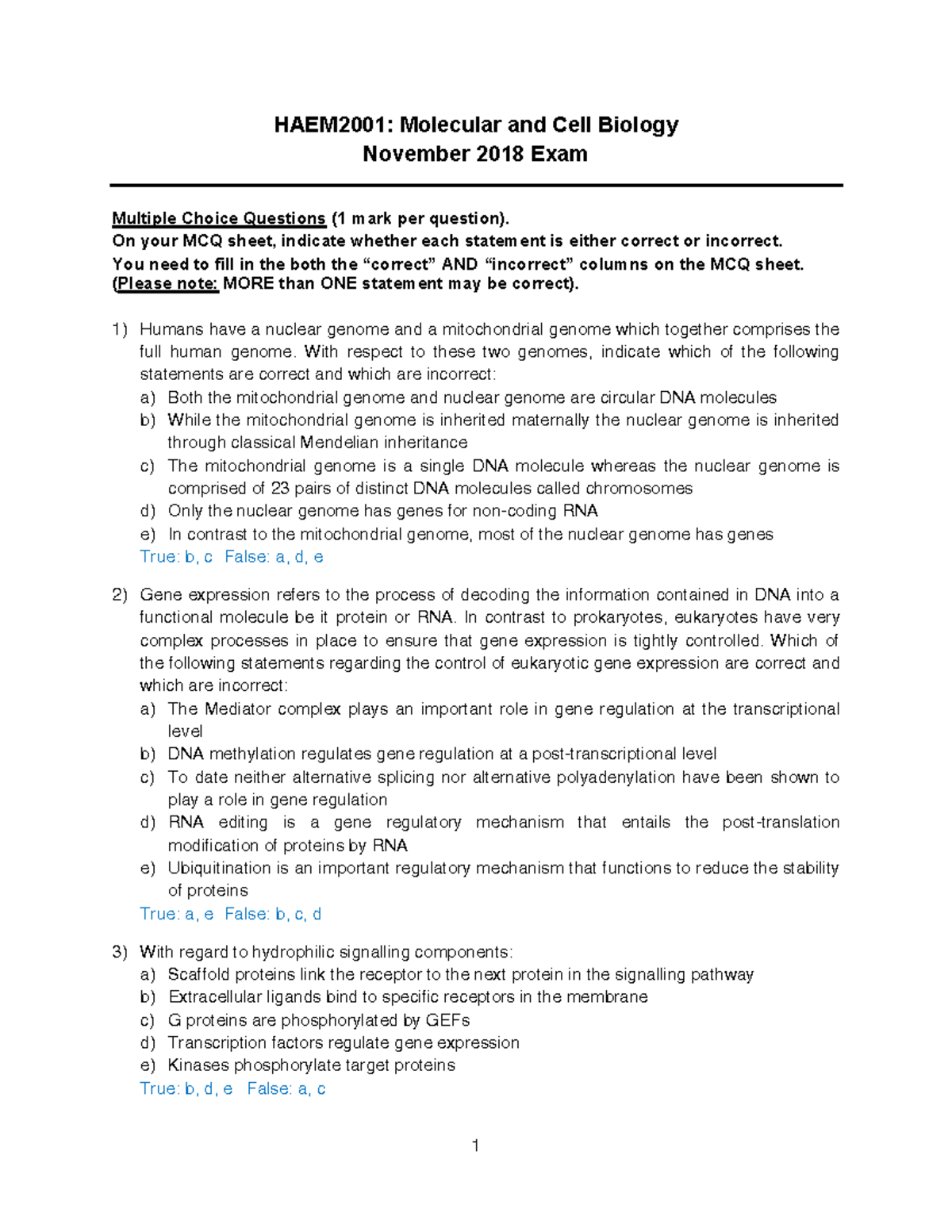 HAEM2001 - 2018 Nov Exam - MCQ Memo - HAEM2001: Molecular and Cell ...