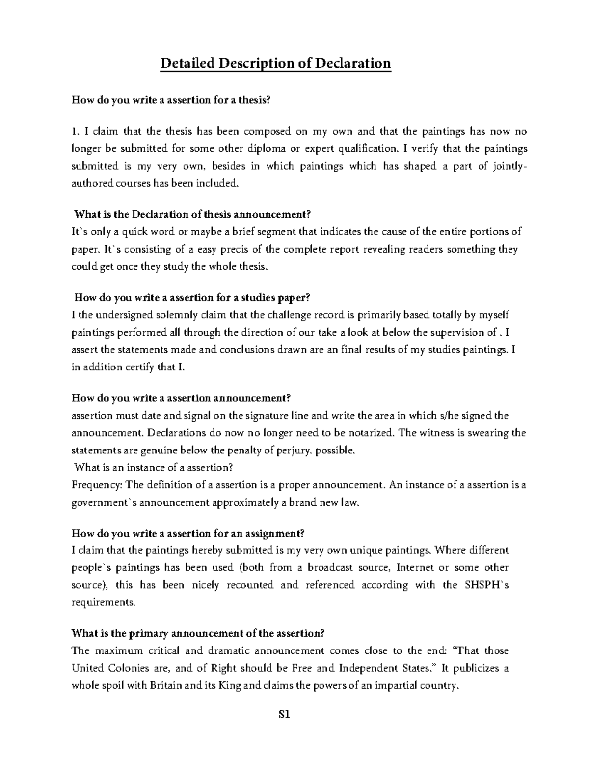 Declaration s1 - How do you write a assertion for a thesis? I claim ...