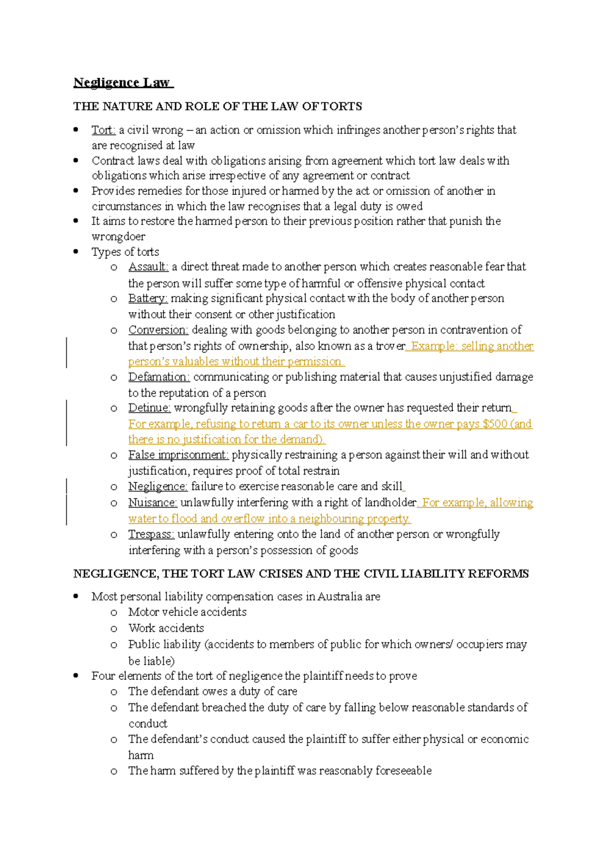 Negligence Notes - Negligence Law THE NATURE AND ROLE OF THE LAW OF ...