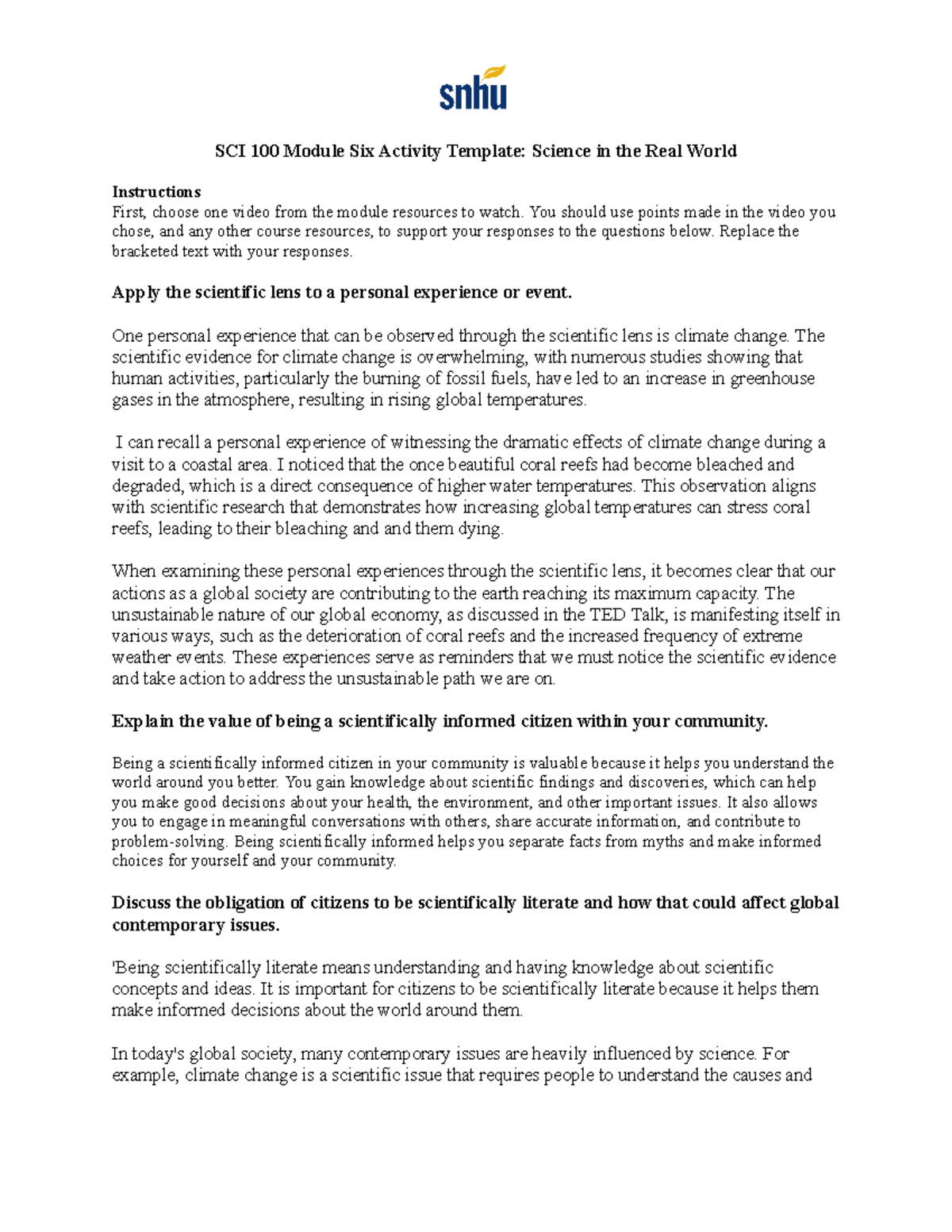 SCI 100 Module Six Activity Template - You should use points made in ...