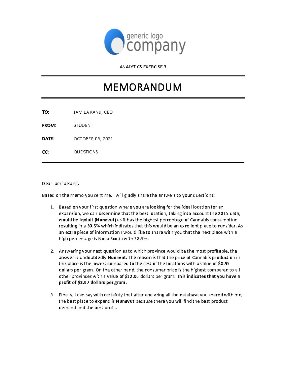 Memorandum Analytics Exercise 5 Information System - ANALYTICS EXERCISE ...