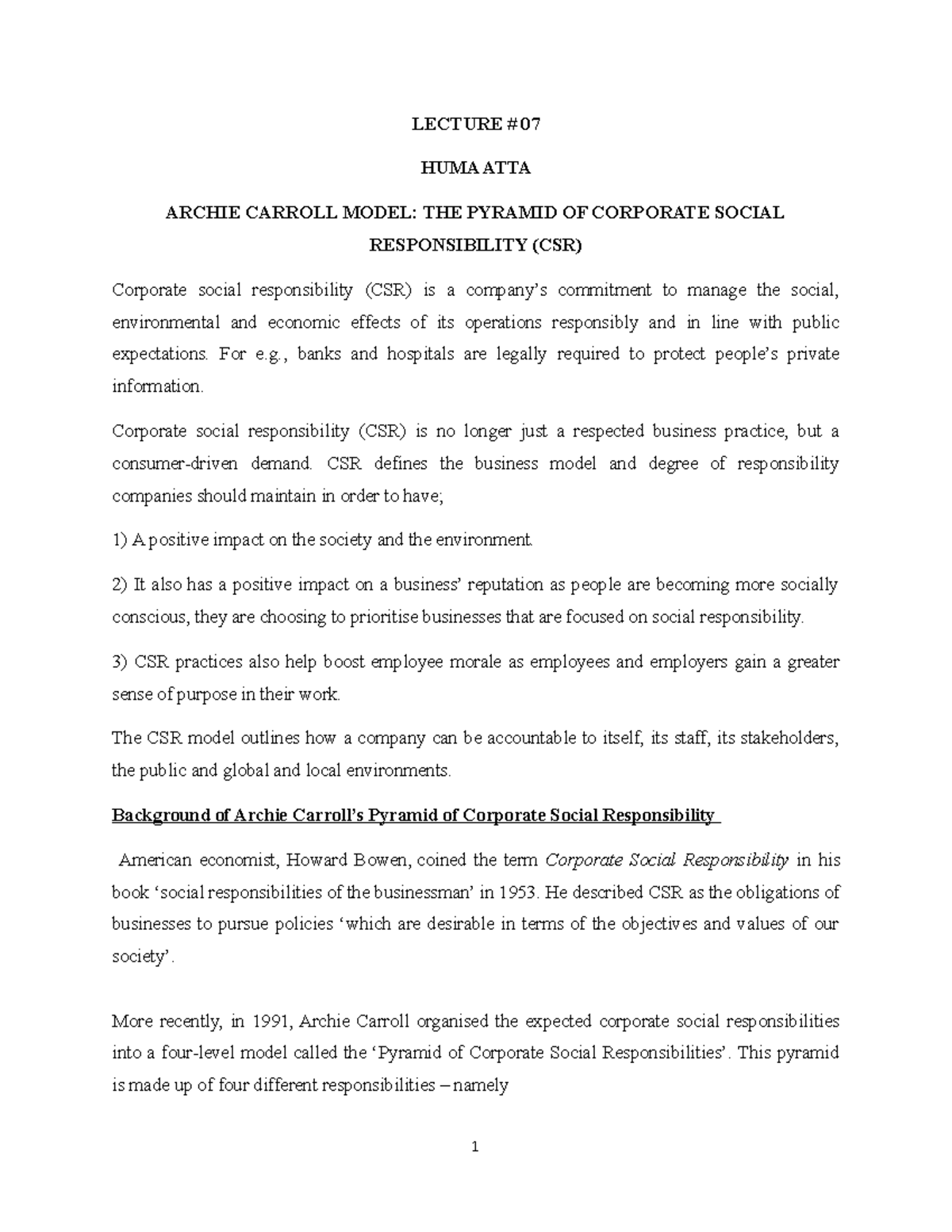 Archie Carrol ,Model #07 - LECTURE # 07 HUMA ATTA ARCHIE CARROLL MODEL ...