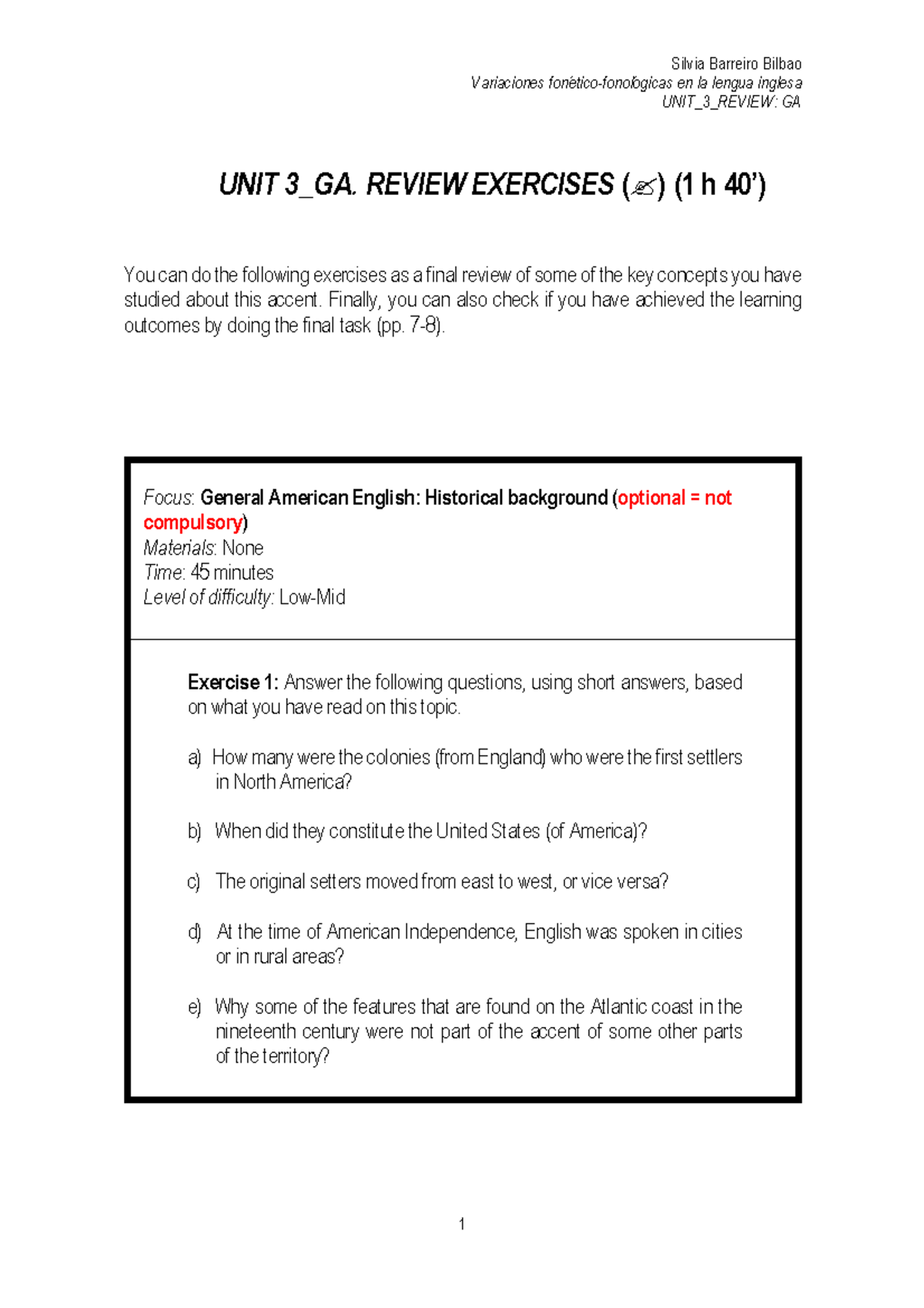 UNIT 3 GA Review Exercises & KEY - Variaciones fonético-fonológicas en la lengua inglesa - Studocu
