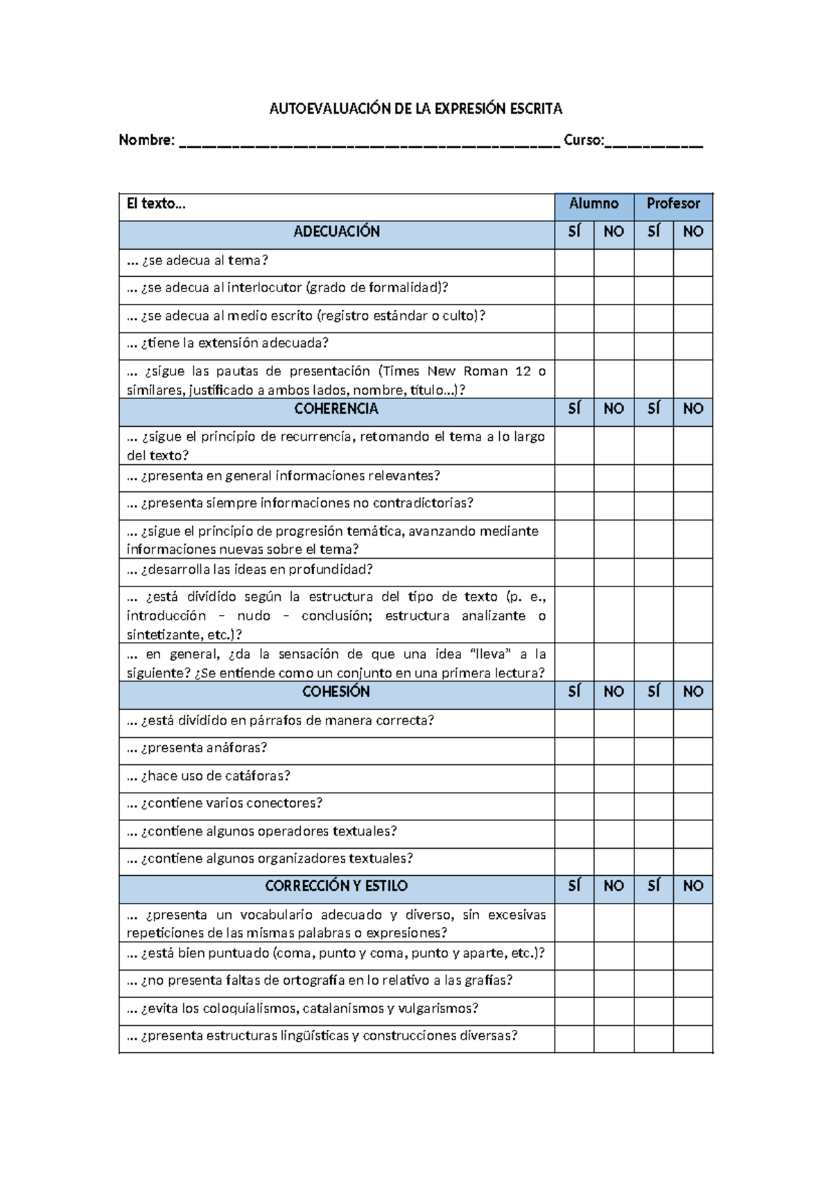 Autoevaluación DE LA Expresión Escrita - AUTOEVALUACIÓN DE LA EXPRESIÓN ...