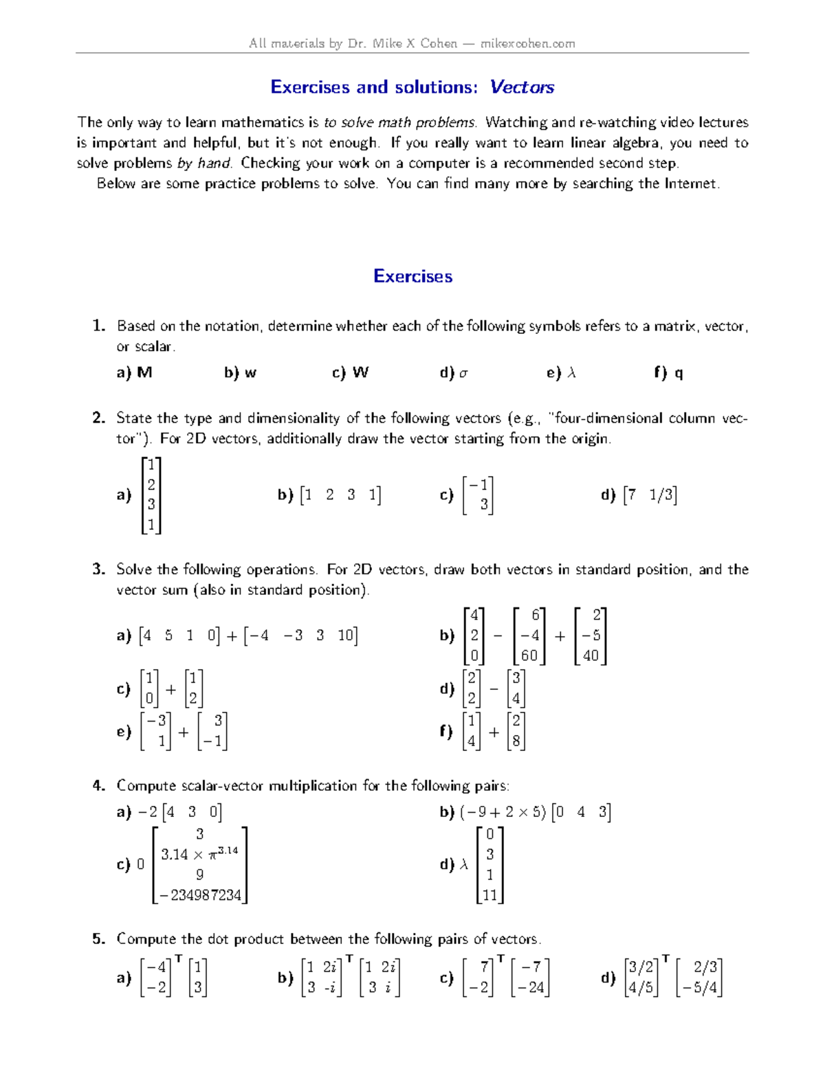 Linalg vectors - exercises - Exercises and solutions: Vectors The only ...