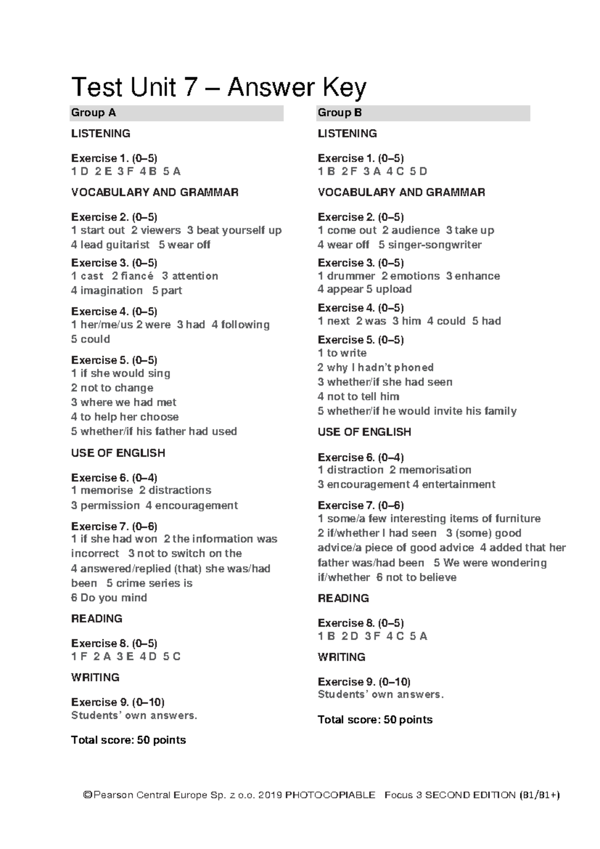 Focus 3 2E Test Unit7 Answers 2 - © Pearson Central Europe Sp. z o ...
