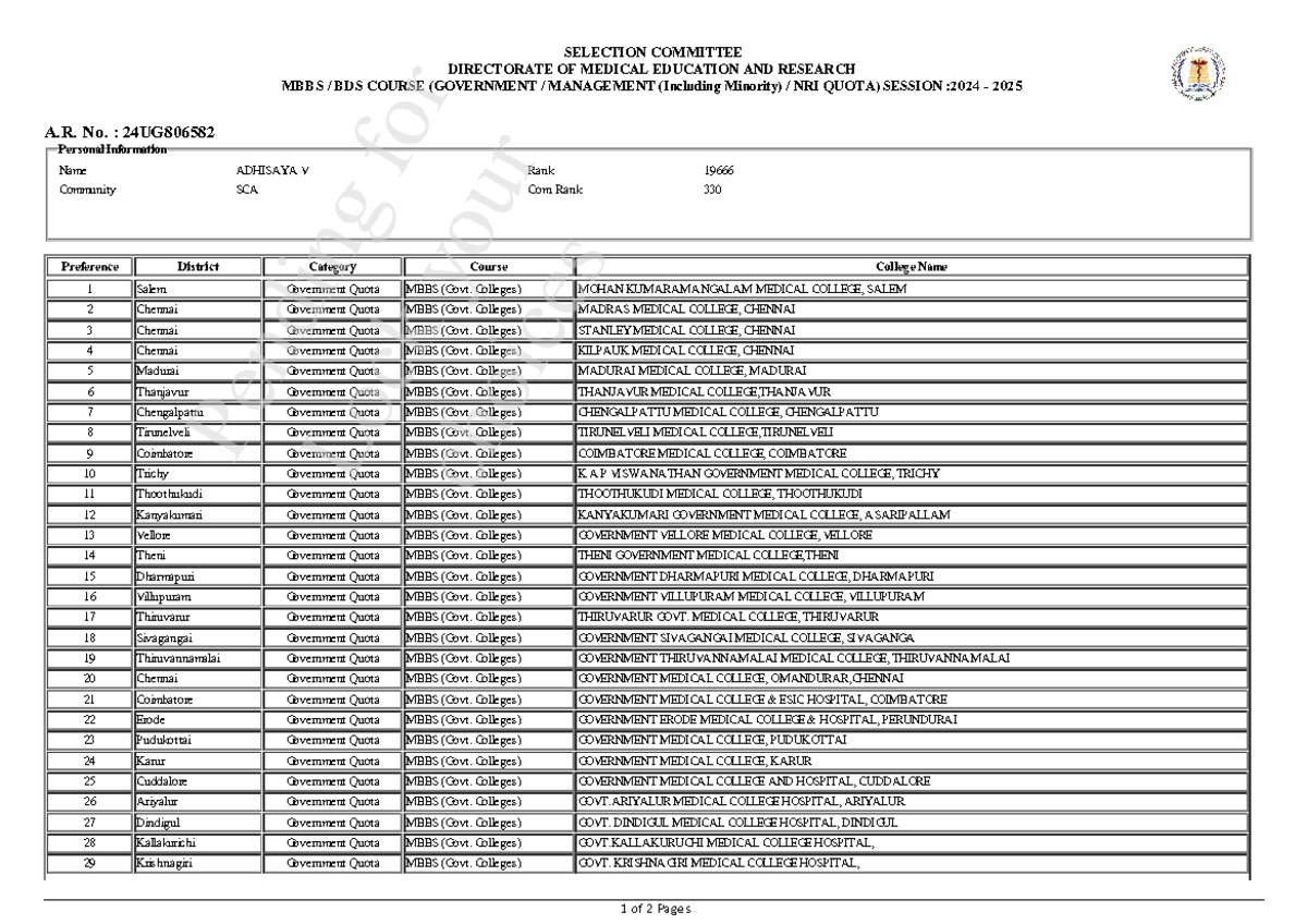 24UG806582 Choice LIST - A. No. : 24UG SELECTION COMMITTEE DIRECTORATE ...