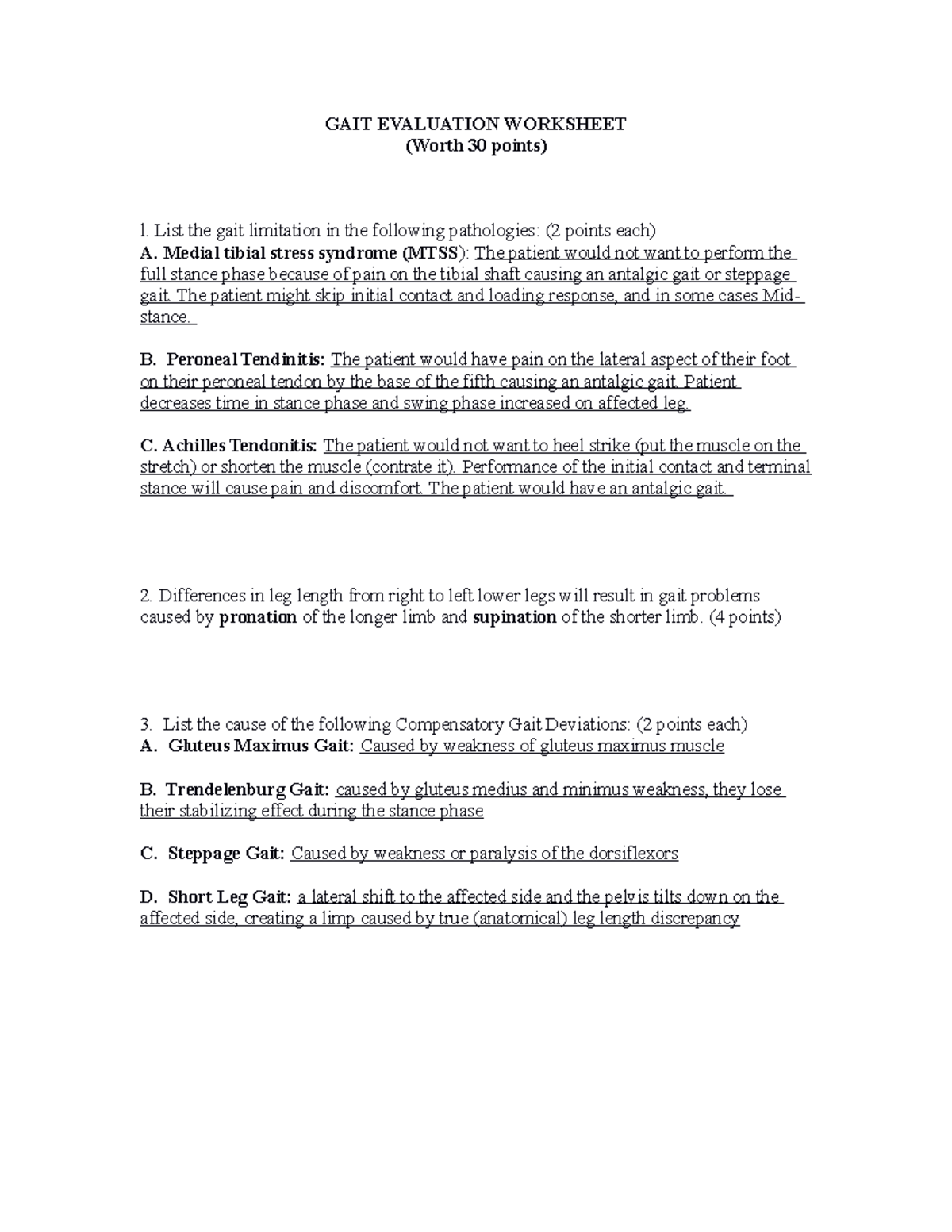 GAIT Evaluation Worksheet - GAIT EVALUATION WORKSHEET (Worth 30 points ...