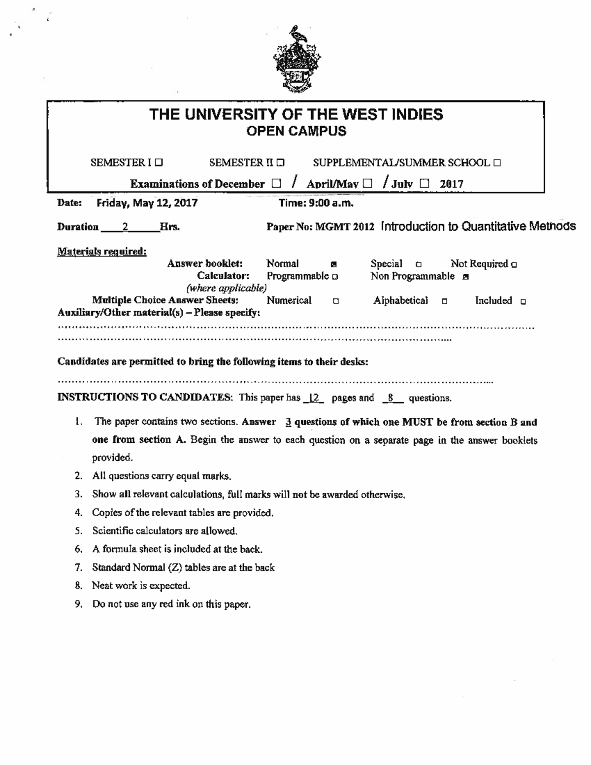MGMT2012 201702 OC - Past Paper - Quantitative Methods - Studocu