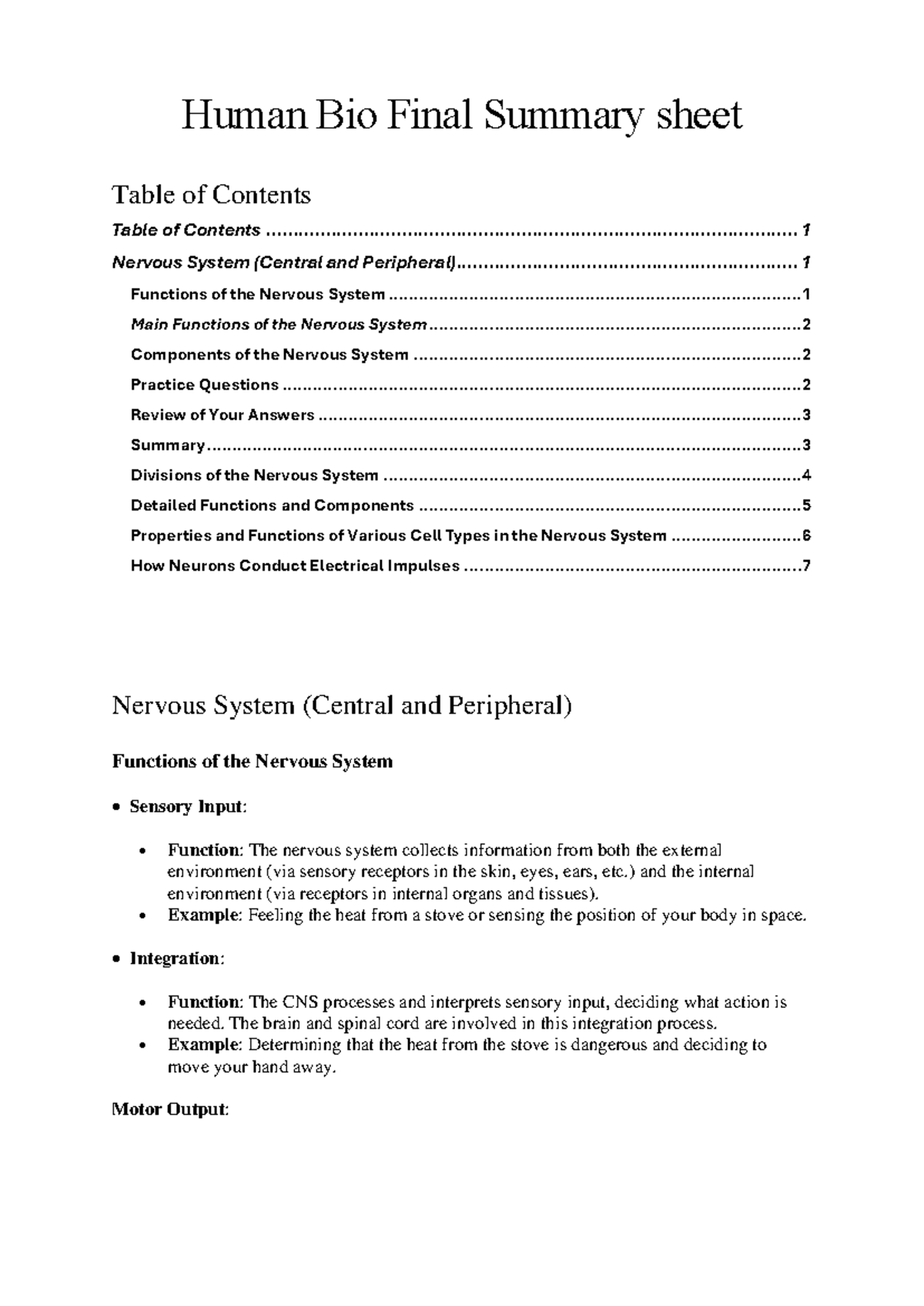 Nervous system - study notes for human biology - Human Bio Final ...