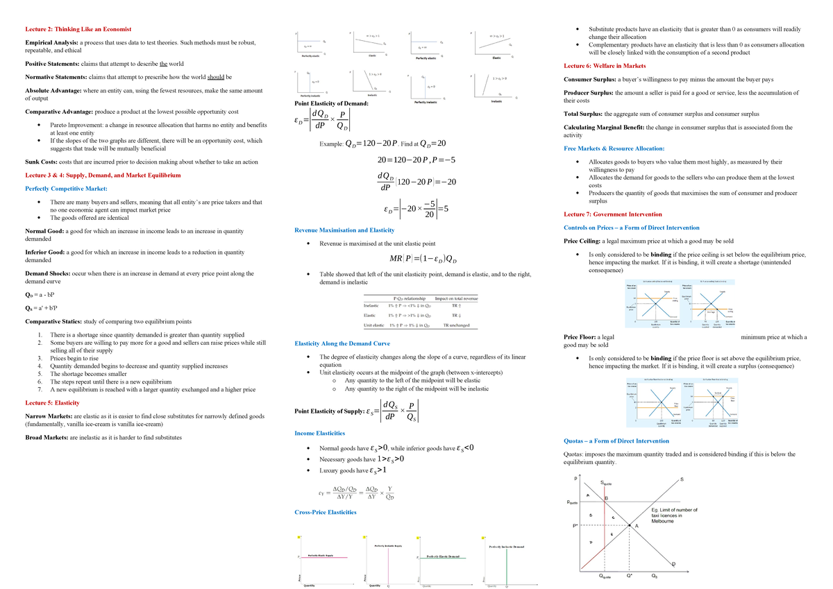 Economics Exam Summary Sheet - Lecture 2: Thinking Like an Economist ...