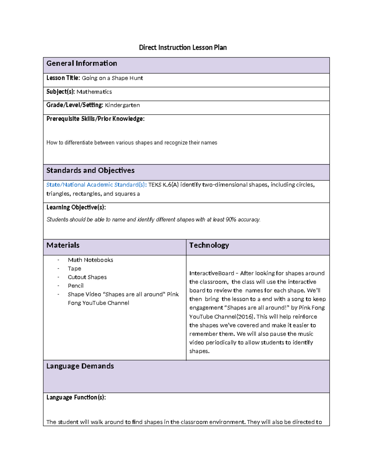 Task 2 lesson plan - TASK 2 - Direct Instruction Lesson Plan General Information Lesson Title ...