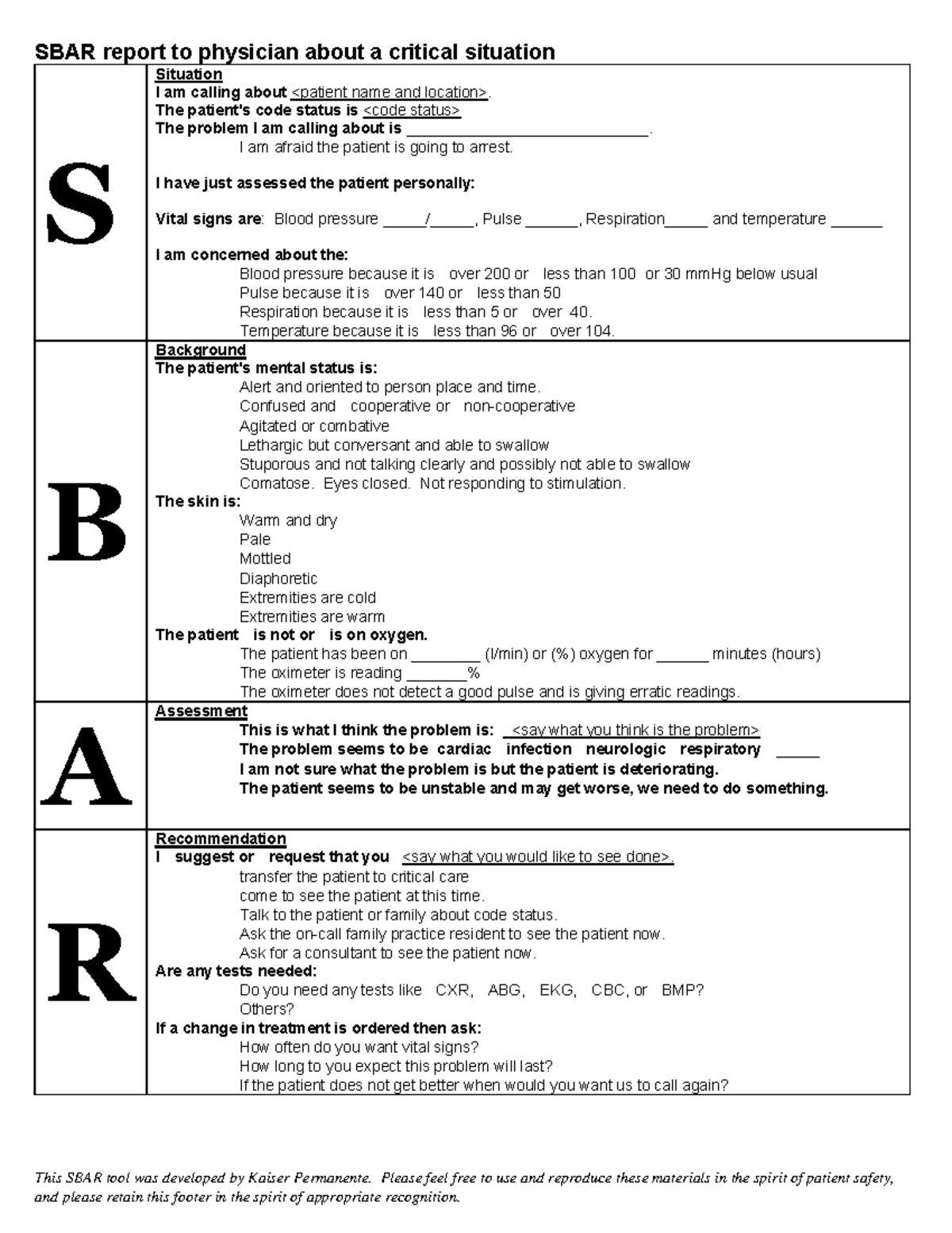473 SBAR quick sheet - SBAR report to physician about a critical ...