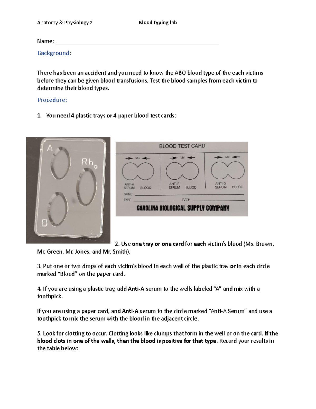 Blood typing lab - notes - Anatomy & Physiology 2 Blood typing lab Name ...