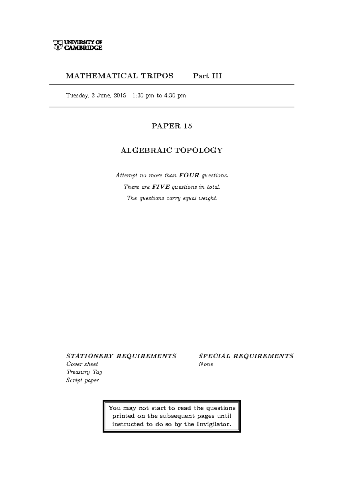 Exam 2 June 2015, questions - MATHEMATICAL TRIPOS Part III Tuesday, 2 ...