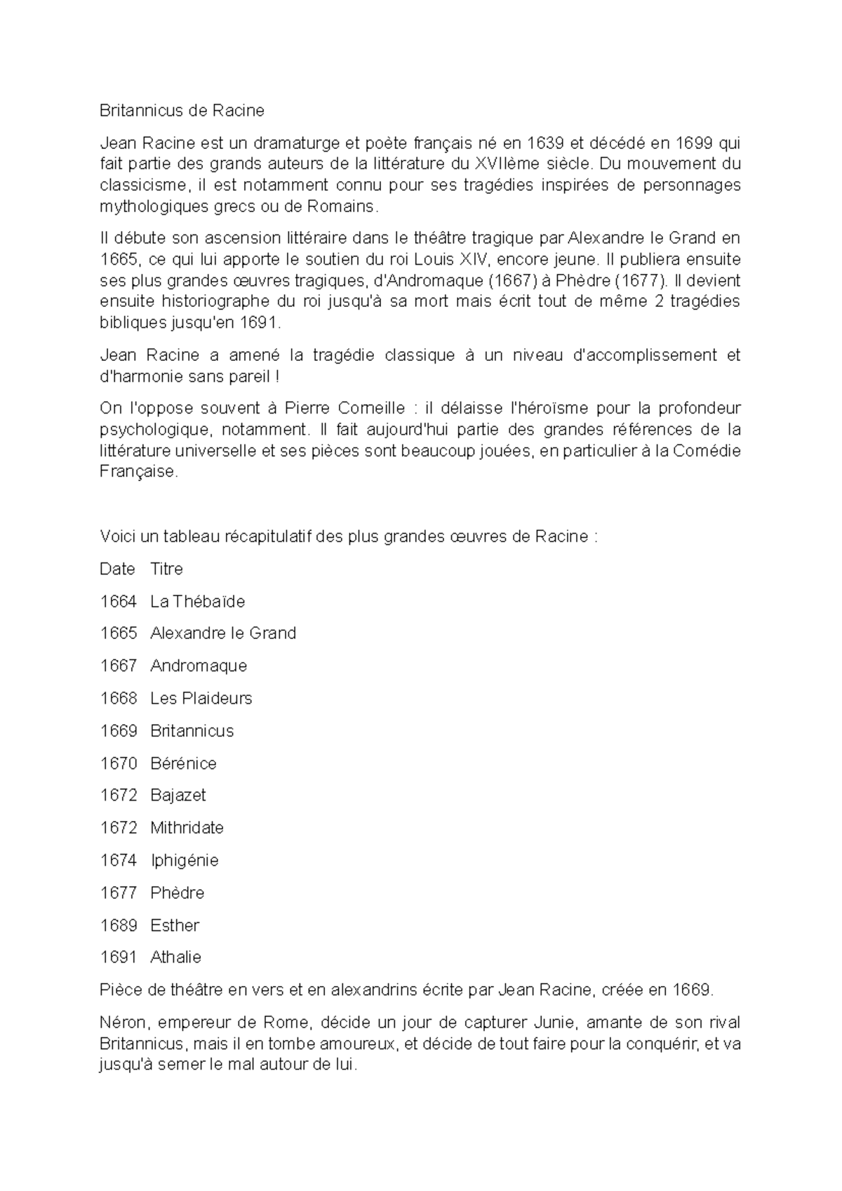 Britannicus de Racine - FICHE DE LECTURE - Britannicus de Racine Jean ...