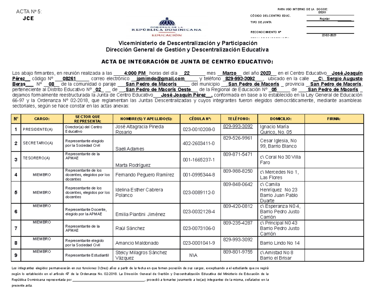 N5 ACTA Integración Reest Junta DE Centro - Viceministerio de ...