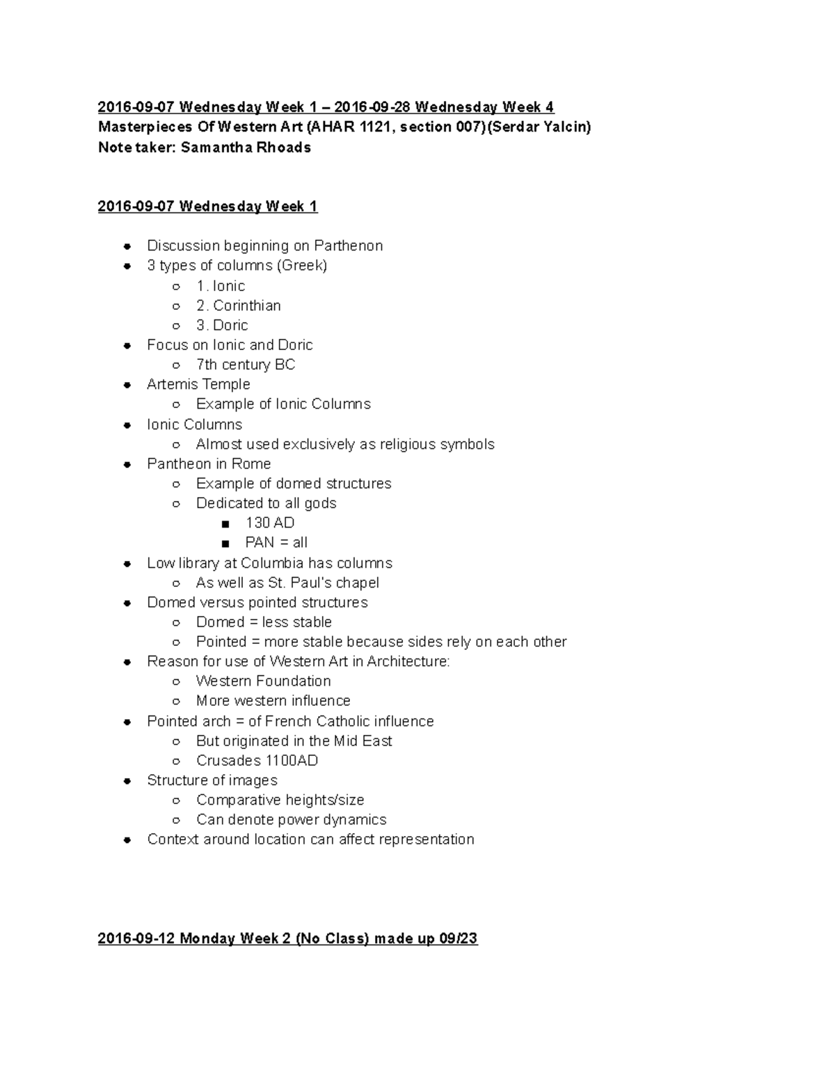 Art Humanities - Lecture notes 1-30 - 2016-09-07 Wednesday Week 1 ...