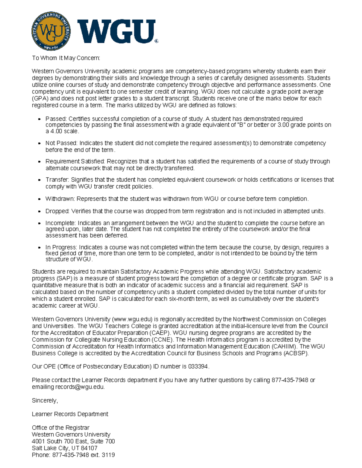 Grading Explanation Letter (IP) 1 - To Whom It May Concern: Western ...
