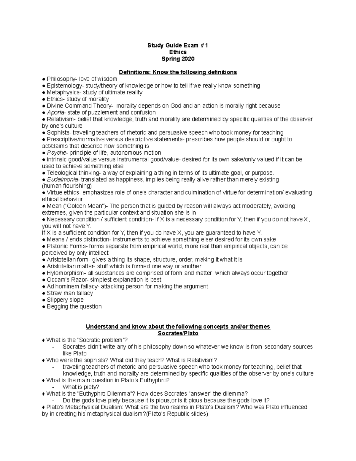 Ethics Exam 1 Study Guide - Study Guide Exam # 1 Ethics Spring 2020 ...