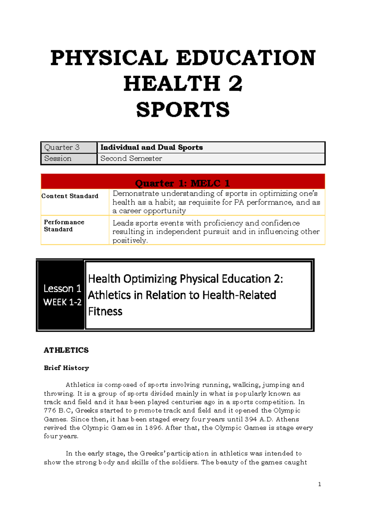 HOPE-2 Handouts - PHYSICAL EDUCATION HEALTH 2 SPORTS ####### Quarter 3 ...