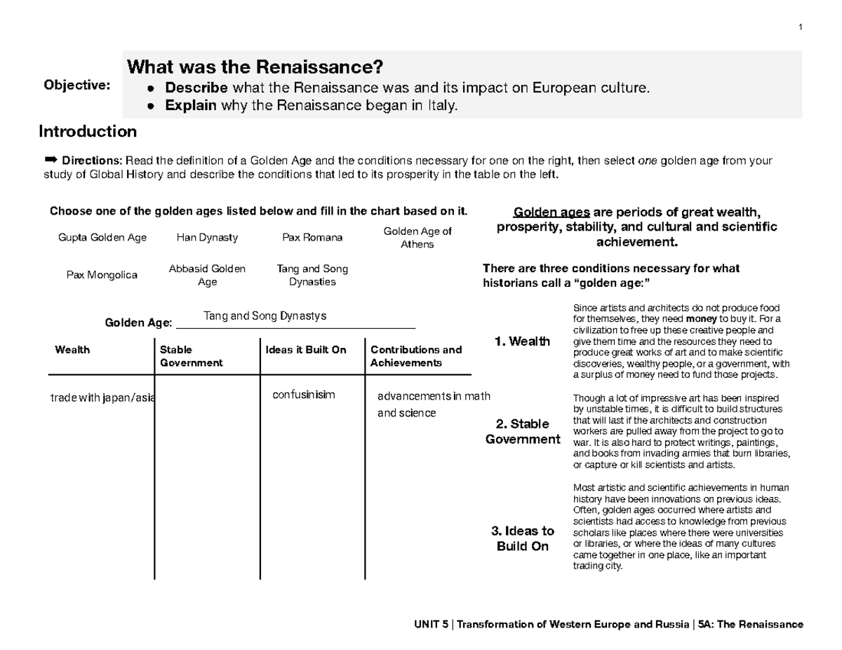 Hannah Fix - Unit 5A Notes- What was the Renaissance - Objective: What ...