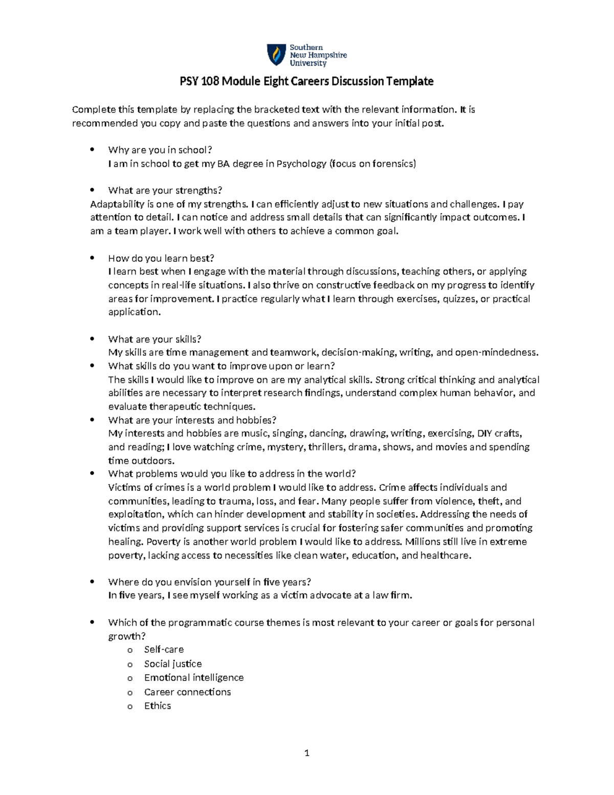 PSY 108 Module Eight Careers Discussion Template - PSY-108 - SNHU - Studocu