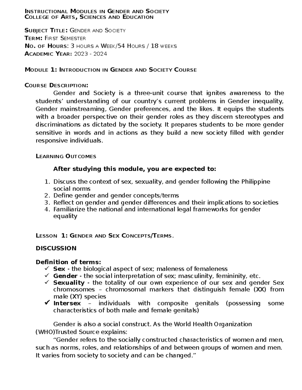 Lesson 1 - MODULES IN GENDER AND SOCIETY - COLLEGE OF ARTS, SCIENCES ...