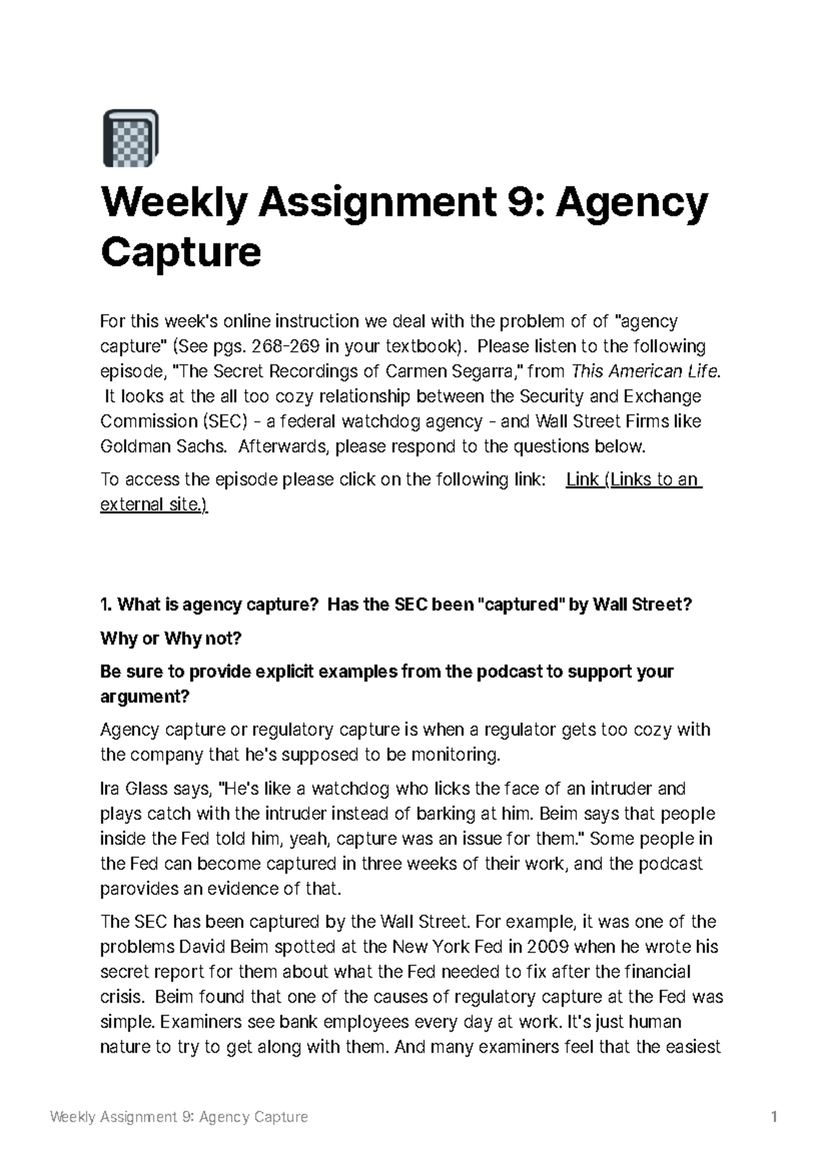 Weekly Assignment 9 Agency Capture - Weekly Assignment Ԑ Agency Capture ...