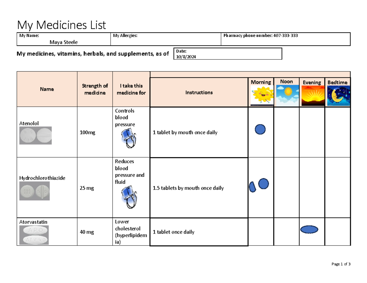 Pill Card - Maya Steele pill card - Page 1 of 3 My Medicines List My ...