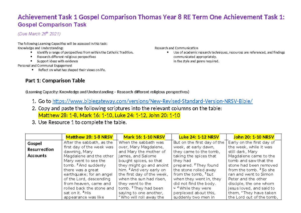 Achievement Task 1 Gospel Comparison Thomas - Research different ...