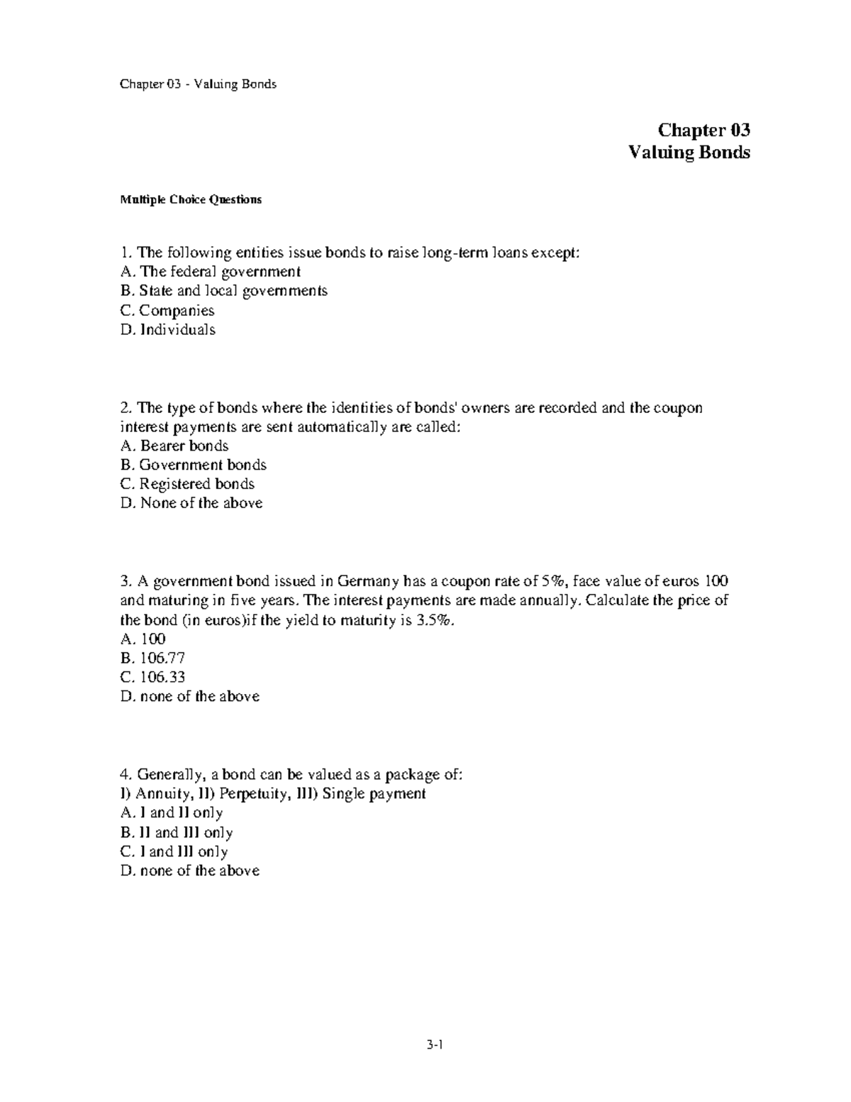 Dlscrib.com chapter-3pdf - Chapter 03 Valuing Bonds Multiple Choice ...