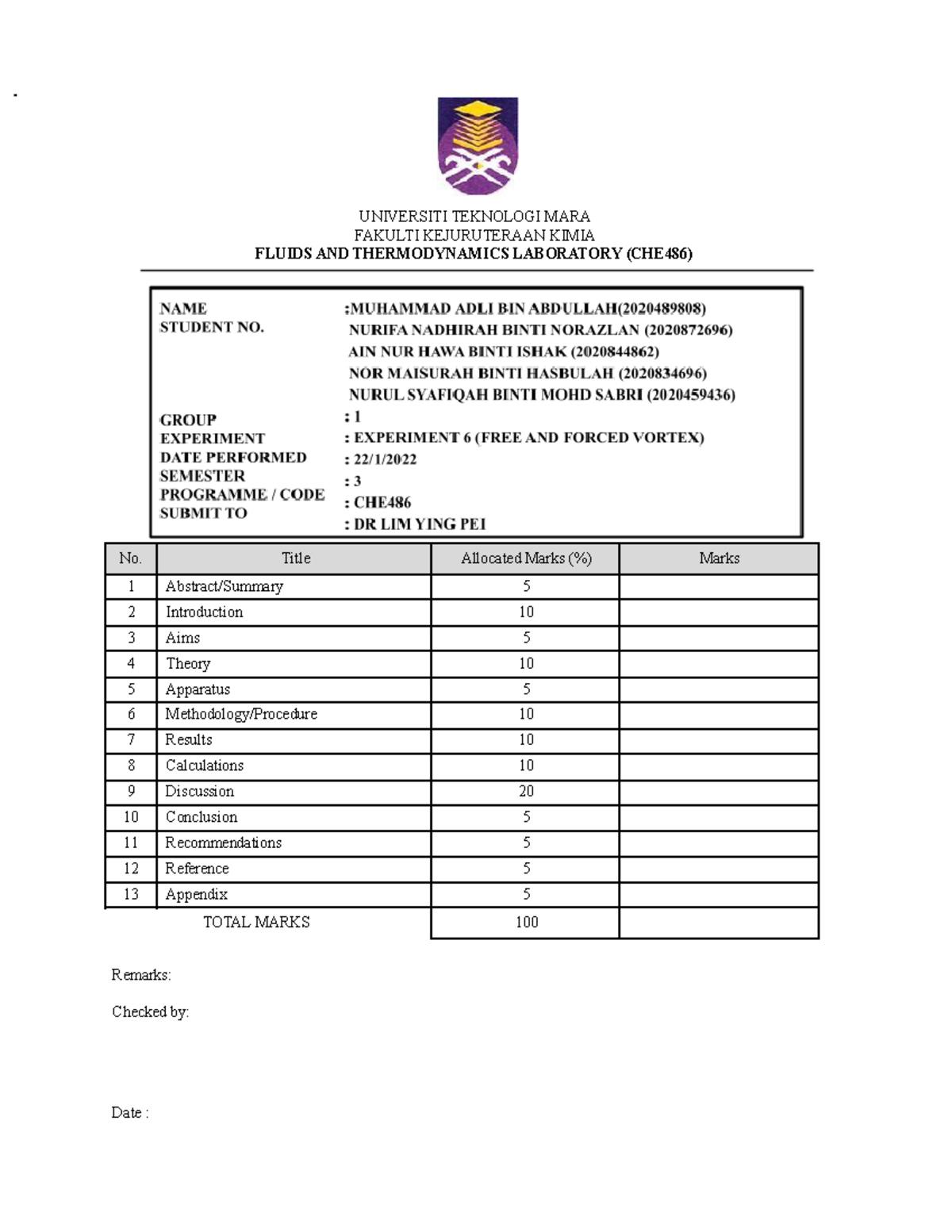 CHE486 Lab 6 group 1 - UNIVERSITI TEKNOLOGI MARA FAKULTI KEJURUTERAAN ...