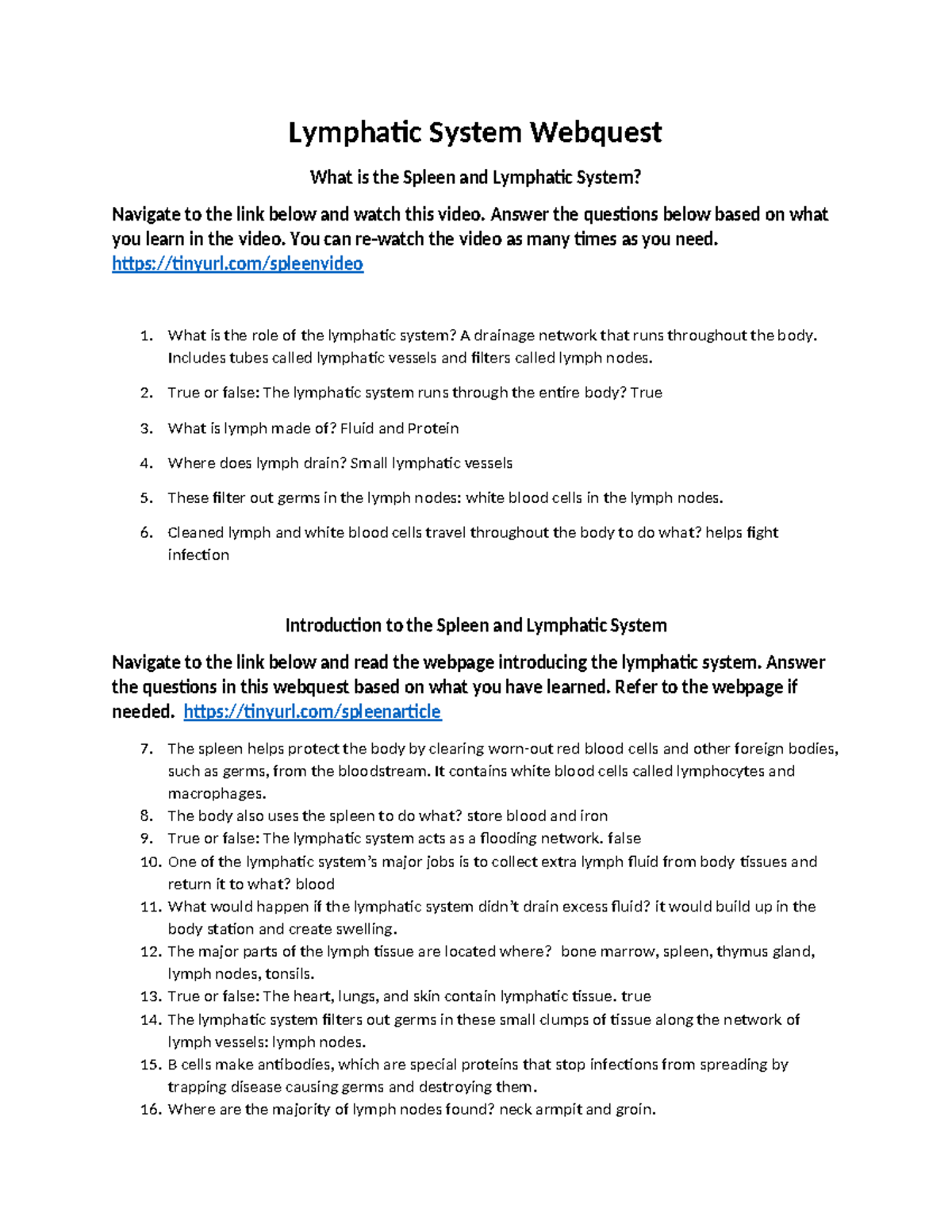 Lymphatic System Webquest - Answer the questions below based on what ...