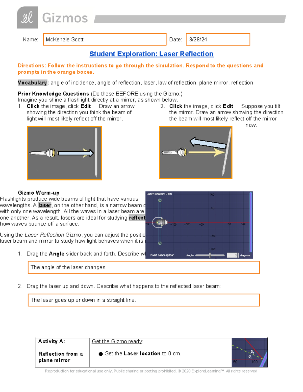 Laser Reflection Gizmo SE - Name: McKenzie Scott Date: 3/28/ Student ...