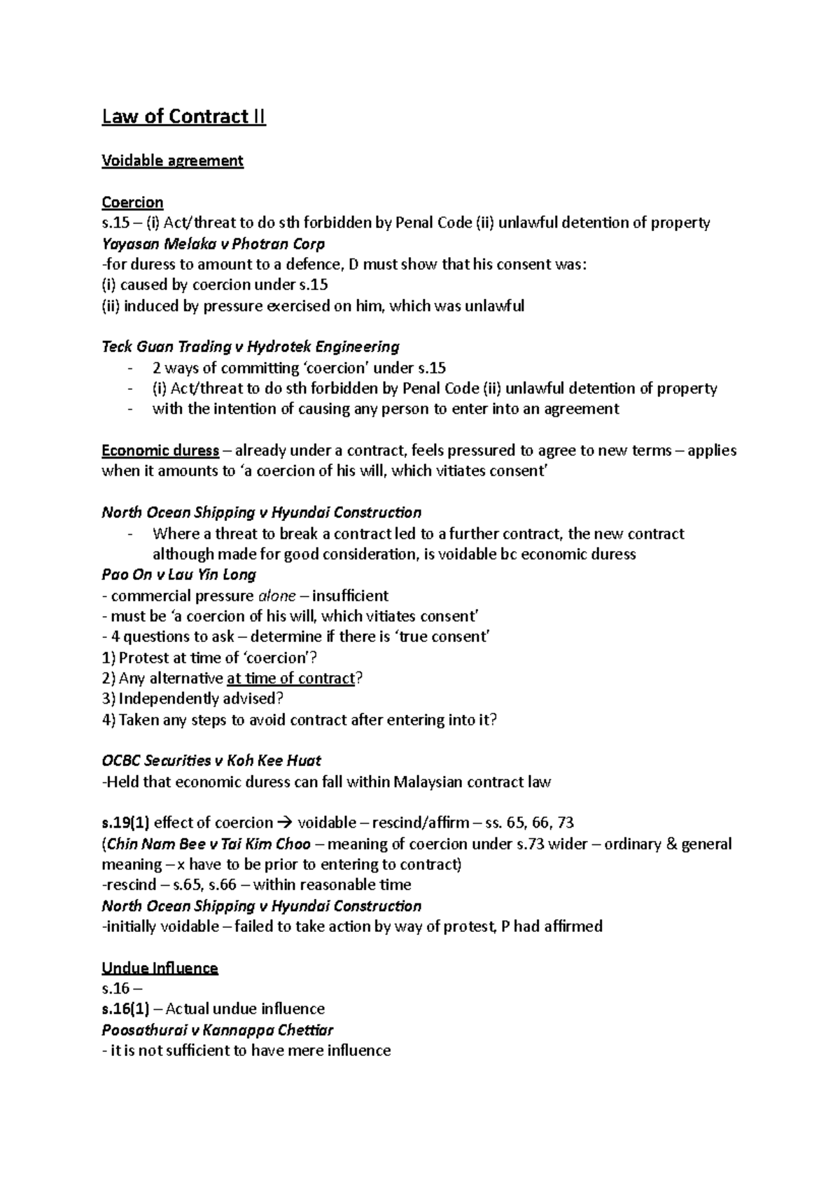 Contracts II - Summary Law of Contract II - Law of Contract II Voidable agreement Coercion s ...