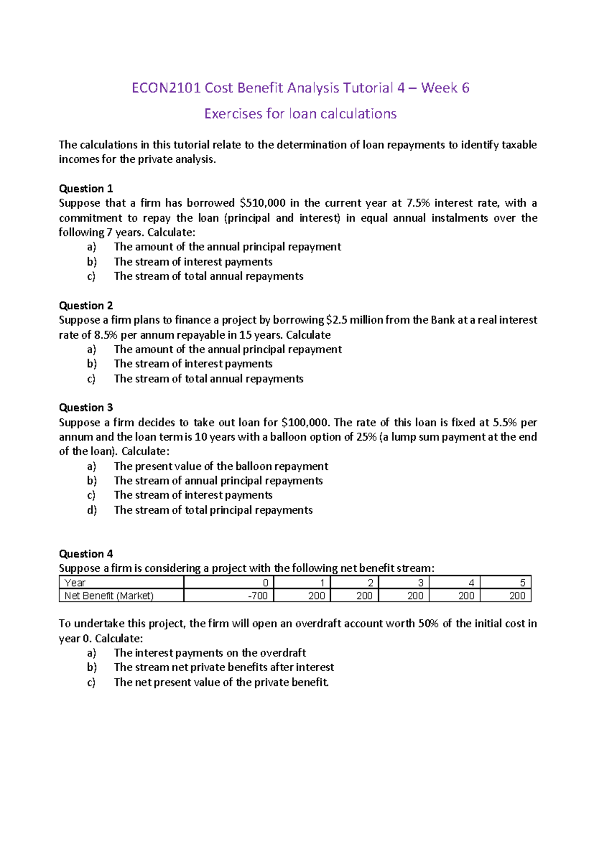 ECON2101 Tutorial 4 - ECON2101 Cost Benefit Analysis Tutorial 4 – Week ...