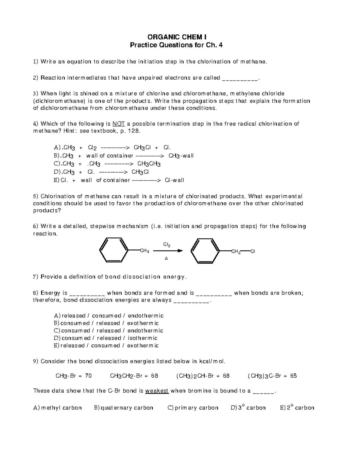 Vhapter 2 OC - orgainc chem practice problems - ORGANIC CHEM I Practice Questions for Ch. 4 ...