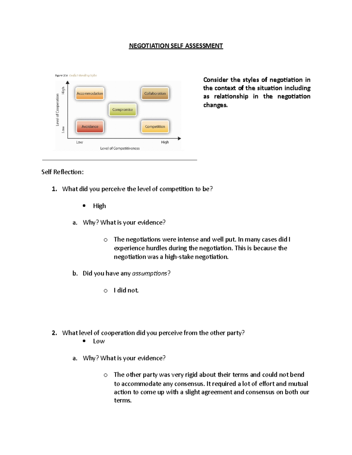 Negotiation SELF Assessment - NEGOTIATION SELF ASSESSMENT Consider the ...
