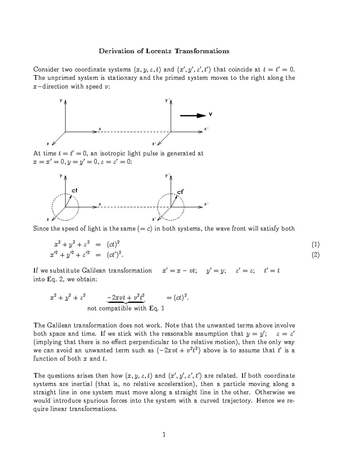 Lorentz Transformation Derivation Of Lorentz Transformations Consider