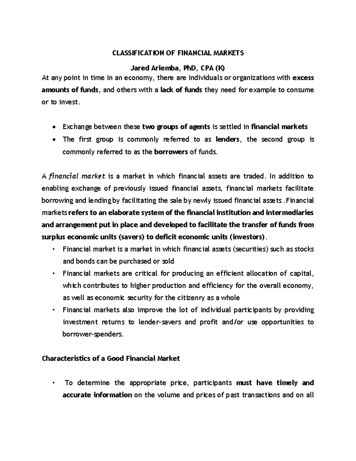 Notes ON Classification OF Financial Markets - CLASSIFICATION OF ...