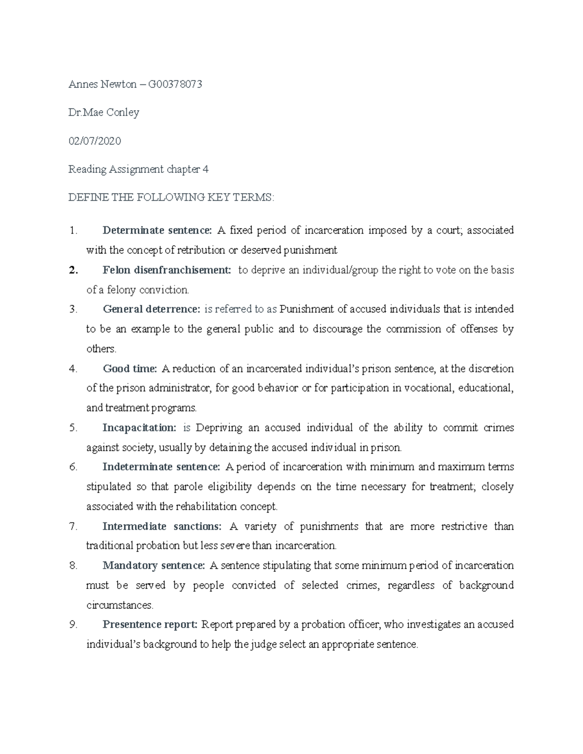 Corrections reading assignment chapter 4 - Annes Newton – G Dr Conley ...