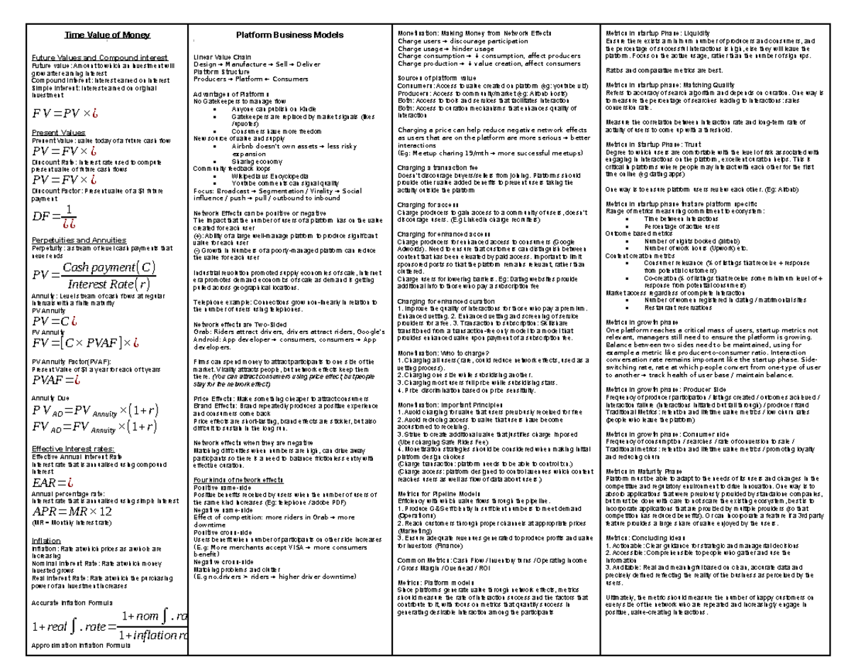 IS2218 Finals Cheat Sheet - Time Value of Money Future Values and Compound interest Future value ...