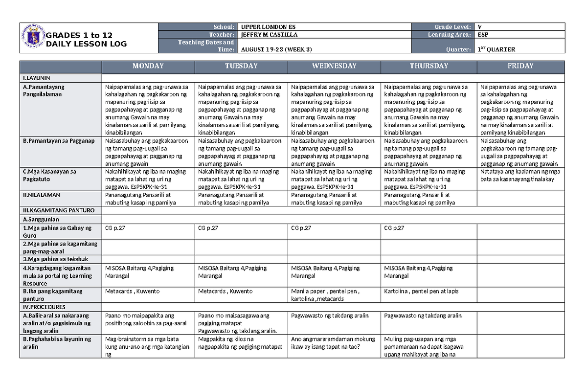 DLL ESP 5 Q1 W5 - LESSON FOR 1 WEEK - GRADES 1 to 12 DAILY LESSON LOG ...